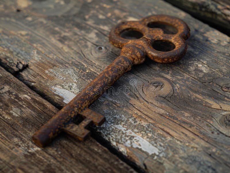 Rusty Old Key on Weathered Wooden Surface Stock Illustration ...