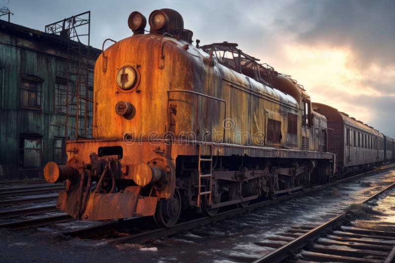 Rusty Old Locomotive in a Vintage Train Yard Stock Illustration ...