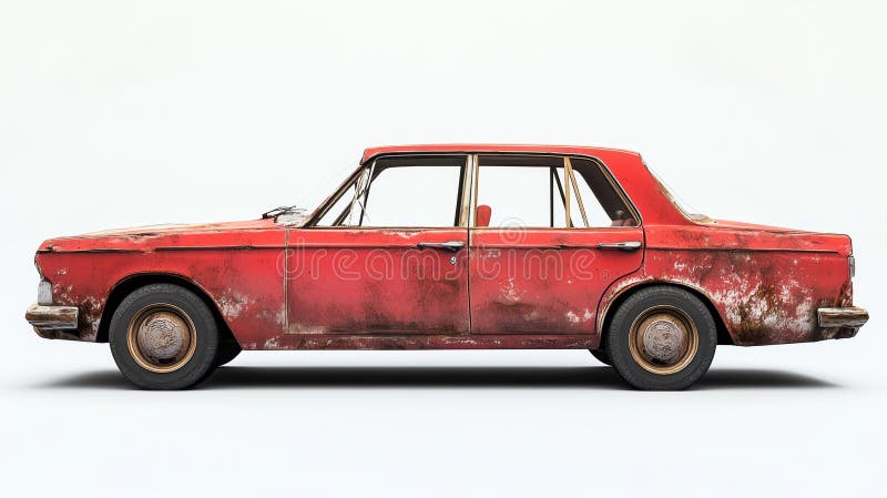 Rusty Old Red Car Side View with Worn-out Paint on a White Background ...