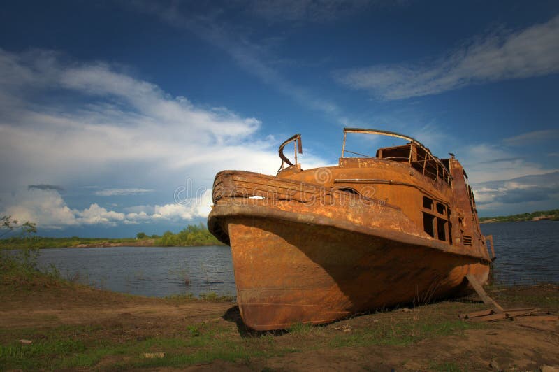 The Rusty Old Ship on River Coast Stock Photo - Image of obsolete, view ...