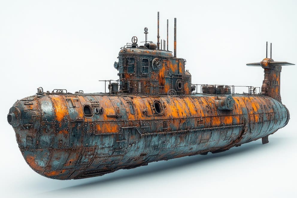 A Rusty Old Submarine Sits on a White Surface, Likely Abandoned or ...