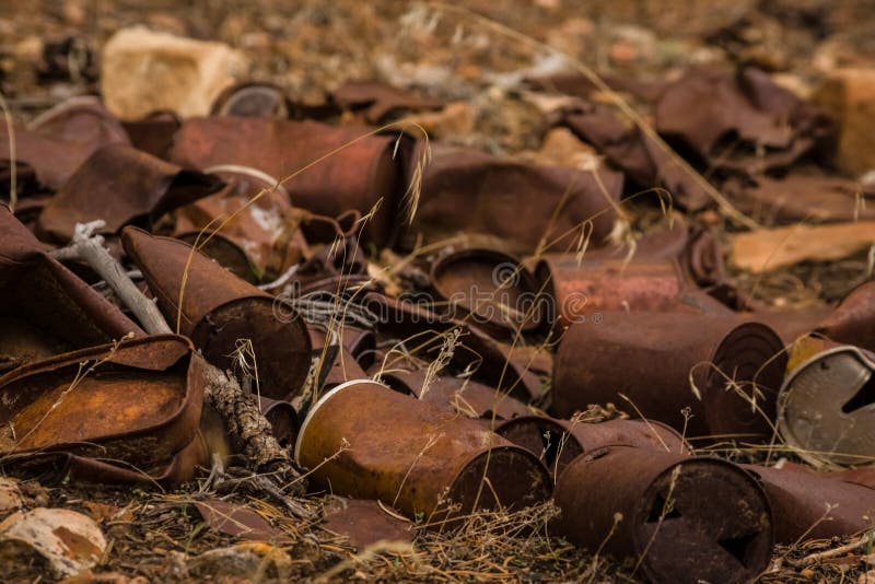 Rusty Old Tin Cans Background Stock Image - Image of light, rural ...