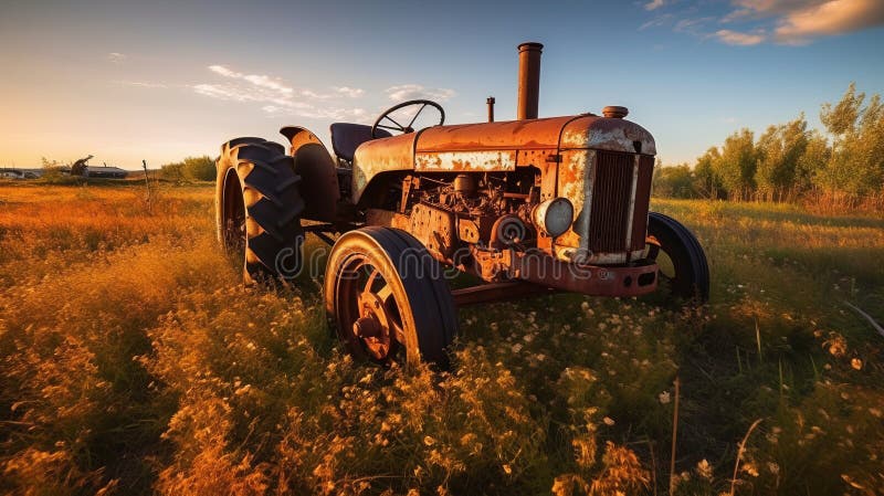 Rusty Old Tractor on the Field. Generative AI Stock Illustration - Illustration of machinery ...