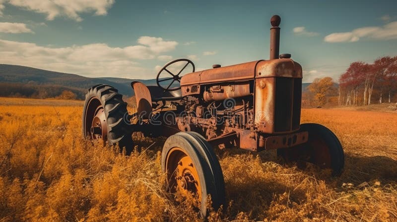 Rusty Old Tractor on the Field. Generative AI Stock Illustration ...