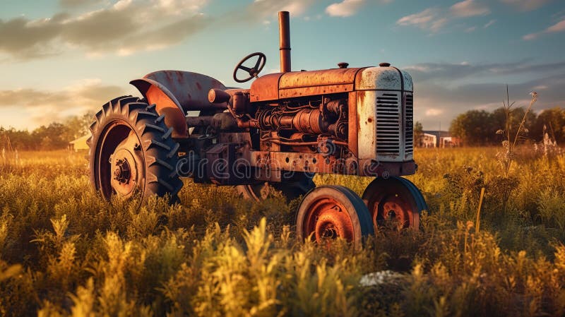 Rusty Old Tractor on the Field. Generative AI Stock Illustration ...