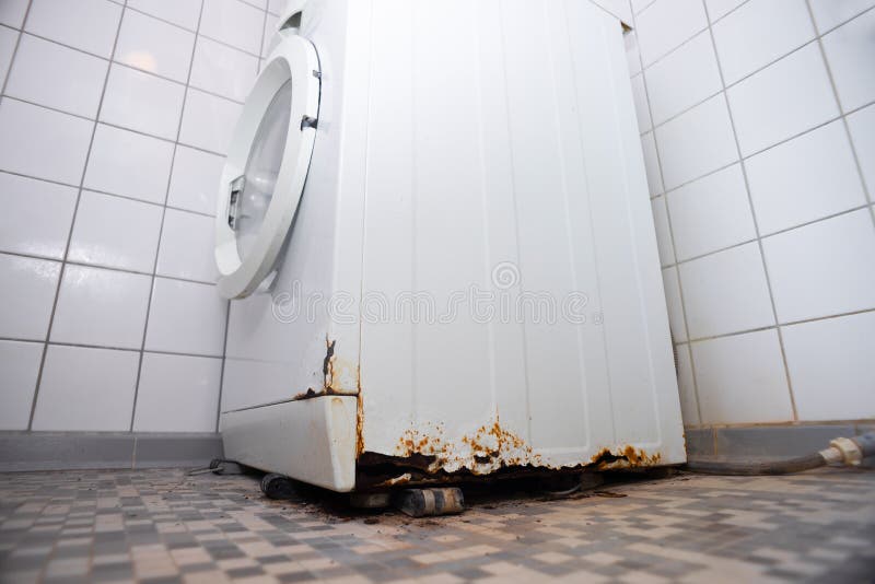 Rusty Old Washing Machine in a Bathroom - Broken Corner - Wide Angle ...