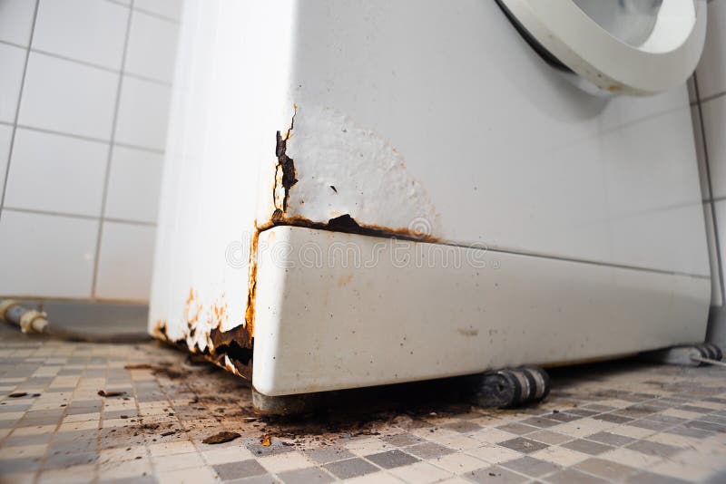 Rusty Old Washing Machine in a Bathroom - Broken Corner - Wide Angle ...