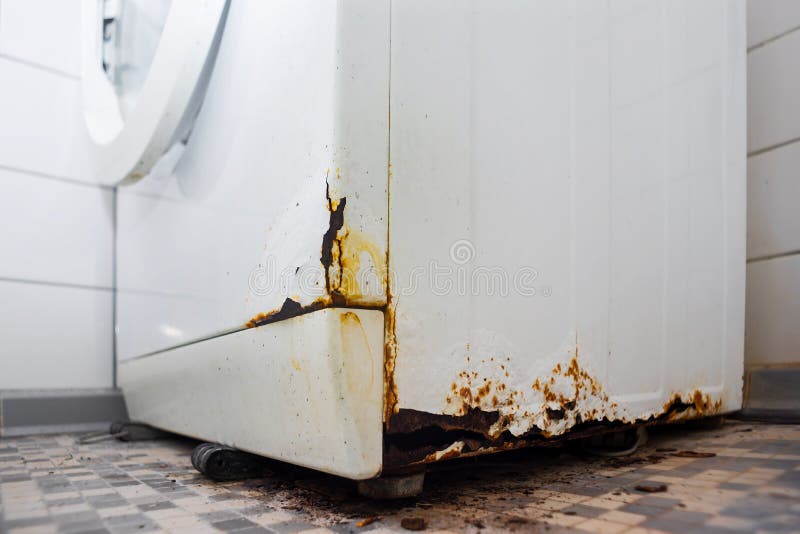 Rusty Old Washing Machine in a Bathroom - Broken Corner - Wide Angle ...