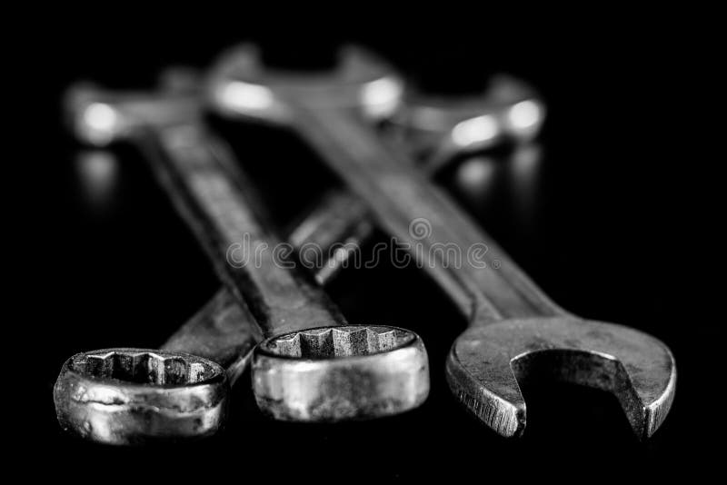 Rusty, Old Workshop Keys. Hydraulic Keys on a Black Table in a W Stock ...