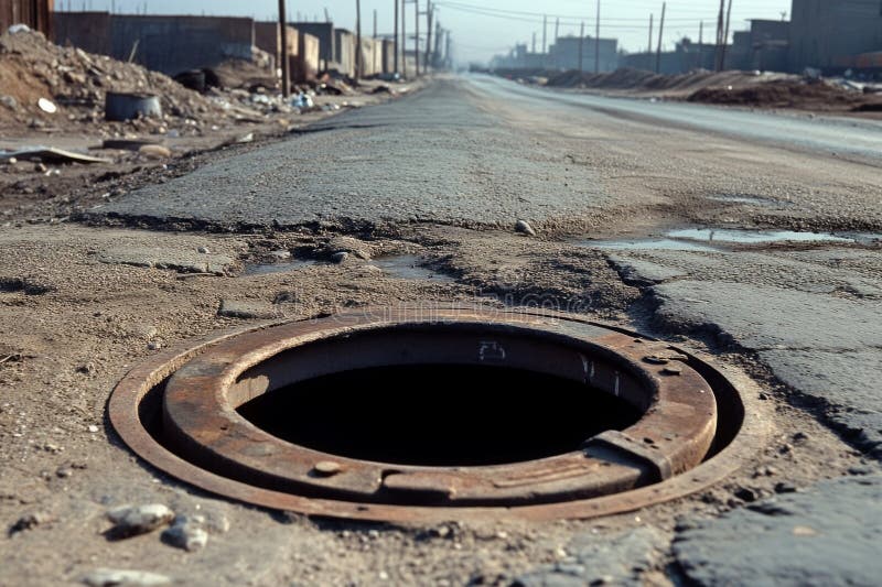 Rusty Open Manhole Cover Creating a Dangerous Hole in a Damaged Road ...