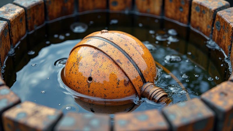 Rusty Orange Buoy Floating in Water within Wooden Barrel Stock ...