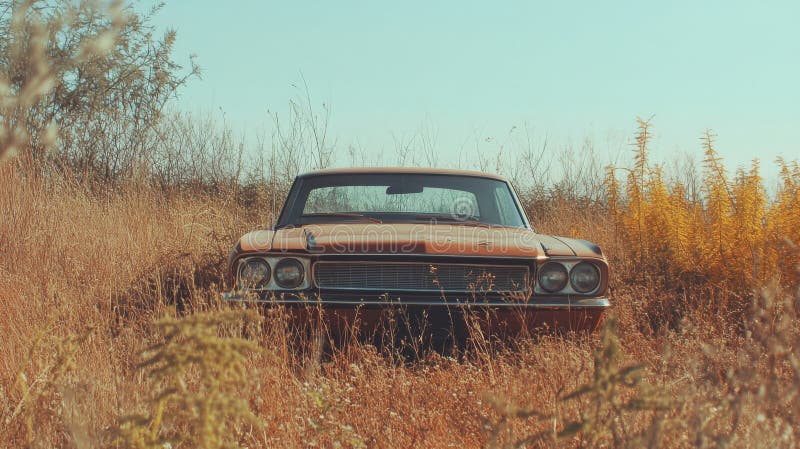 Rusty Orange Classic Car Overgrown in Dry Grass Field Stock ...