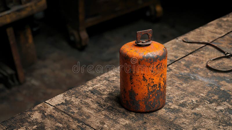 Rusty Orange Gas Cylinder on a Wooden Table in a Workshop Environment ...