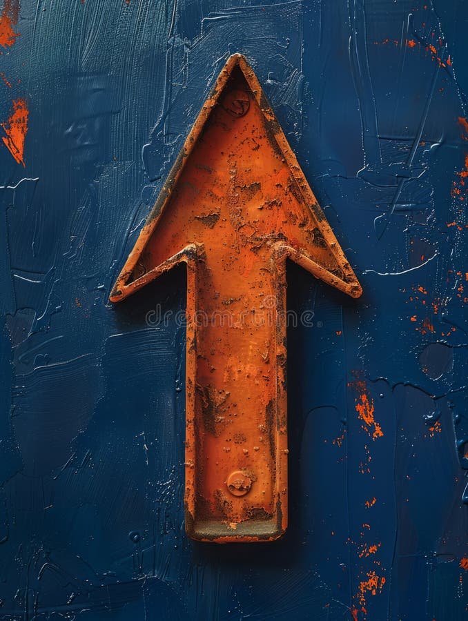 A Rusty Orange Metal Arrow on a Textured Blue Background. Stock Photo ...