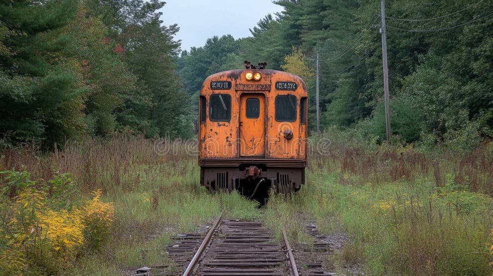 Rusty Orange Train Car on a Railroad Track in a Forest Stock ...