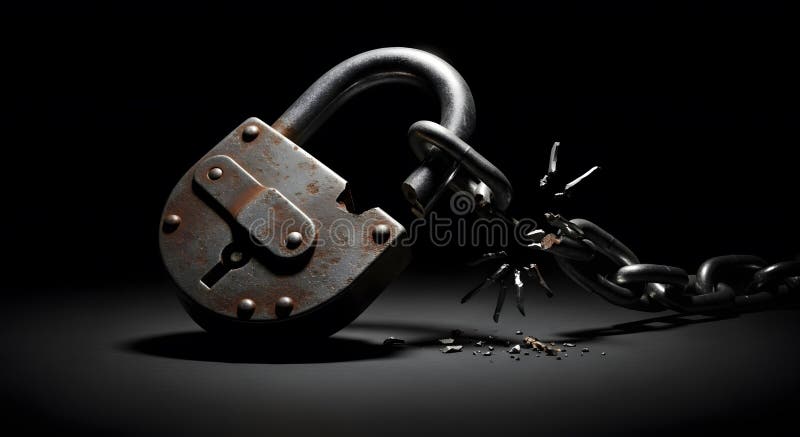 A Rusty Padlock and Broken Chain on a Dark Background, Representing ...