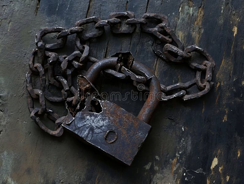 A Rusty Padlock and Chain Attached To a Wooden Door Stock Photo - Image ...