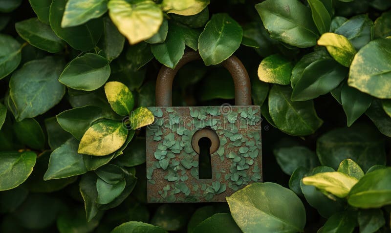 Rusty Padlock Covered in Green Leaves, Symbolizing Nature Reclaiming ...