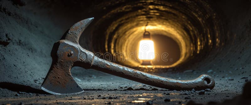 Rusty Pickaxe in Dimly Lit Underground Mining Tunnel with Earthen Walls ...