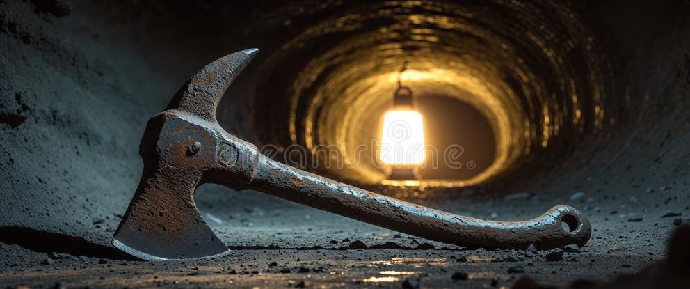 Rusty Pickaxe in Dimly Lit Underground Mining Tunnel with Earthen Walls ...