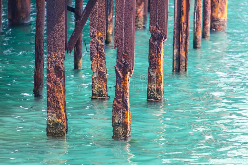Rusty piles in the water stock photo. Image of travel - 225931516