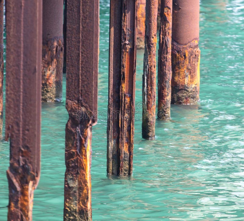 Rusty piles in the water stock image. Image of nature - 227298539