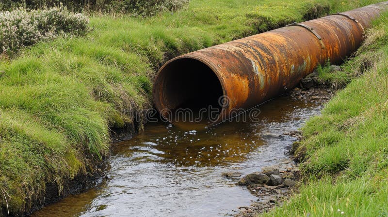 Rusty Pipe Crossing a Stream in a Lush Green Meadow Creating a Dramatic ...