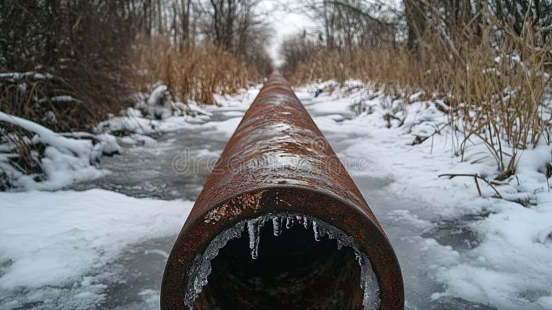 A Rusty Pipe with Ice Forming Inside, Captured in a Cold, Industrial ...
