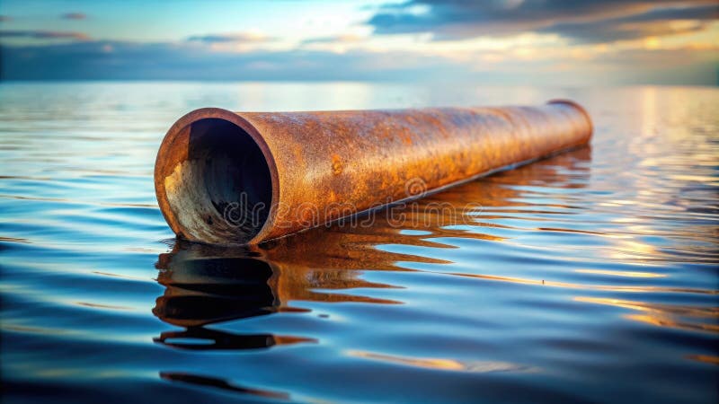 Rusty Pipe Resting on Calm Water at Sunset, Reflecting the Golden Hour ...
