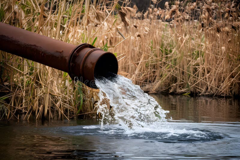 Rusty Pipe Spewing Water in Polluted Scene with Dry Grasses ...