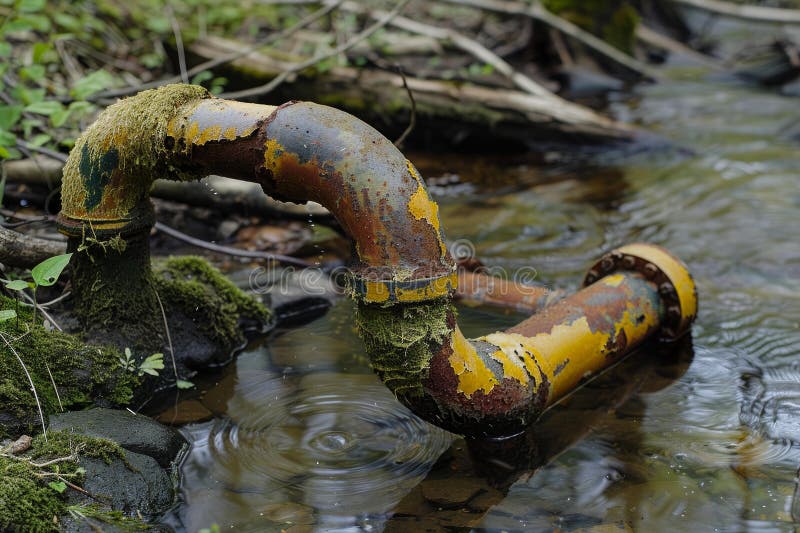 Old Rusty Yellow Gas Pipe Covered with Moss Lying in the Forest River ...