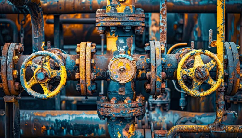 Rusty Pipe with Yellow and Blue Valves Stock Image - Image of chemical ...
