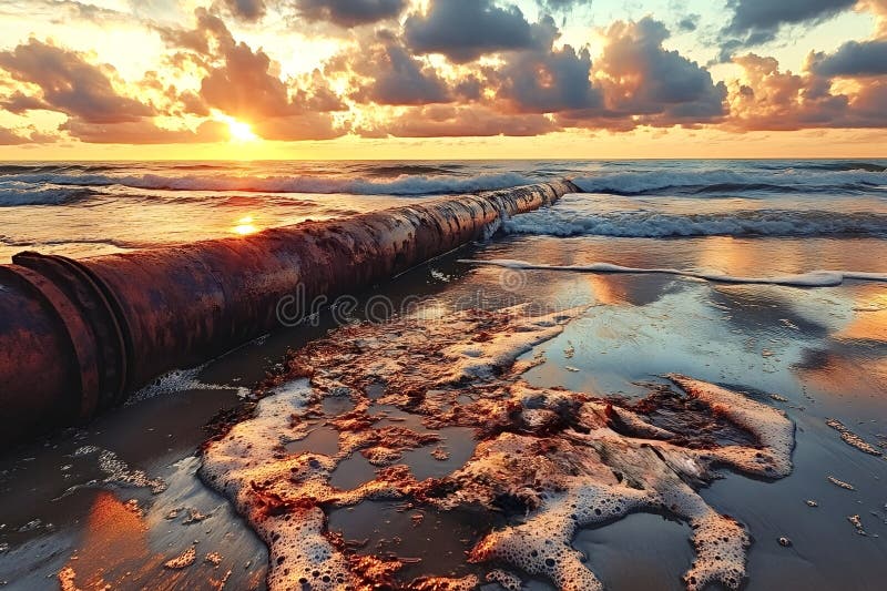 Rusty Pipeline Crossing the Beach at Sunset: Reflecting Pollution and ...