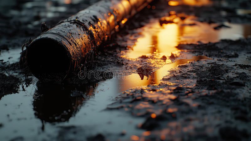 Leaking Pipeline Polluting Mud Puddles at Sunset Stock Photo - Image of ...