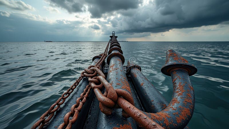 Rusty Pipes and Chains Leading into the Ocean Under Dramatic Stormy ...