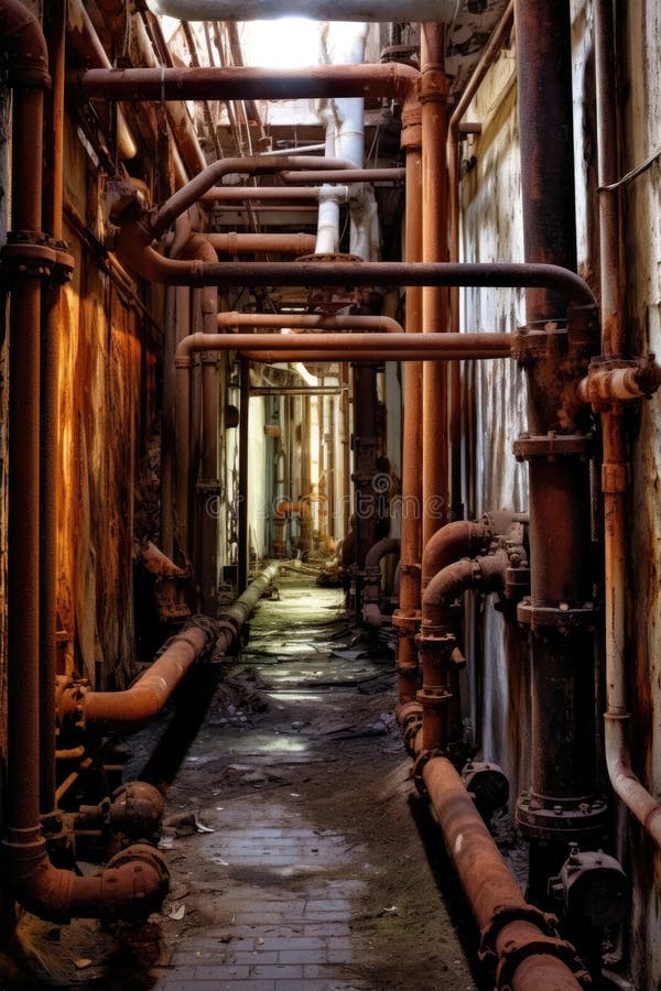 A rusty pipes in a hallway stock illustration. Illustration of ...