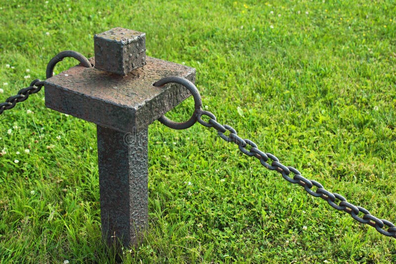 Rusty Post of Decorative Metal Fence with Chain on Green Grass Stock ...