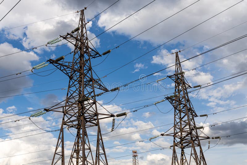 Rusty Power Line is on the Blue Sky with White Clouds Background Stock ...