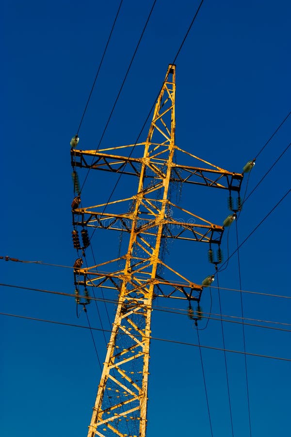 Rusty Power-tower with Many Wires and Glass Insulators Dutch Angle Shot ...