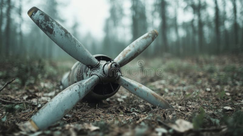 Rusty Propeller from a Crashed Airplane in a Forest Clearing, Evoking a ...