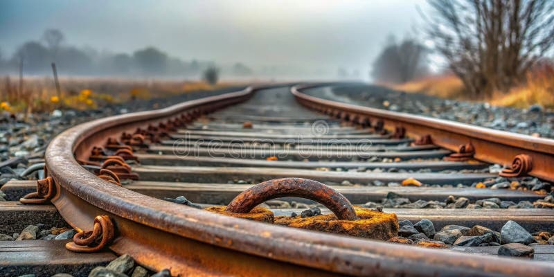 Rusty Railroad Tracks Curve into the Mist on a Cold Autumn Day ...