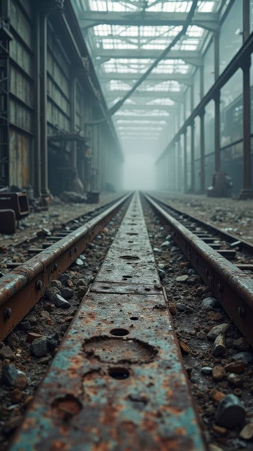 Rusty Railroad Tracks Inside Abandoned Industrial Warehouse with Foggy ...