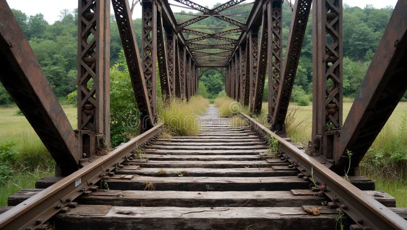 Rusty Railway Bridge Over Gorge Reclaimed by Nature Stock Illustration ...