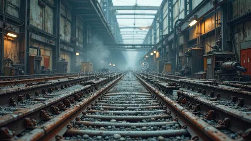 Abandoned Railway Tracks Foggy Industrial Warehouse Interior Stock ...