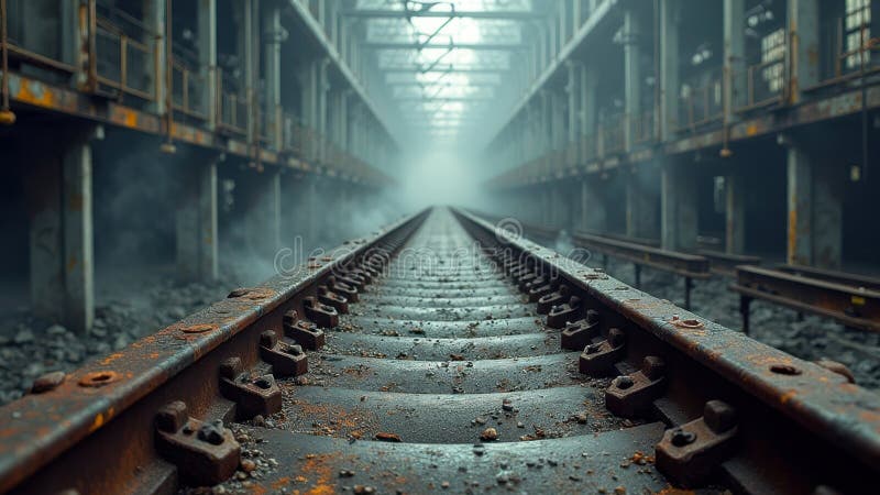 Rusty Railway Tracks in Industrial Setting with Foggy Atmosphere Stock ...