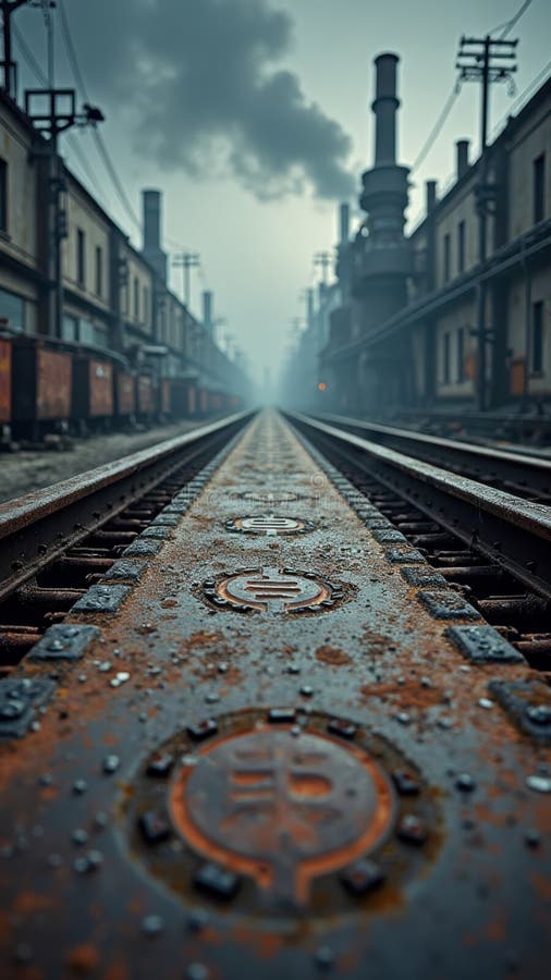 Rusty Railway Tracks Vanishing into Foggy Industrial Landscape Stock ...