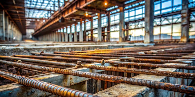 Rusty Rebar and Concrete Framework in Abandoned Industrial Building ...