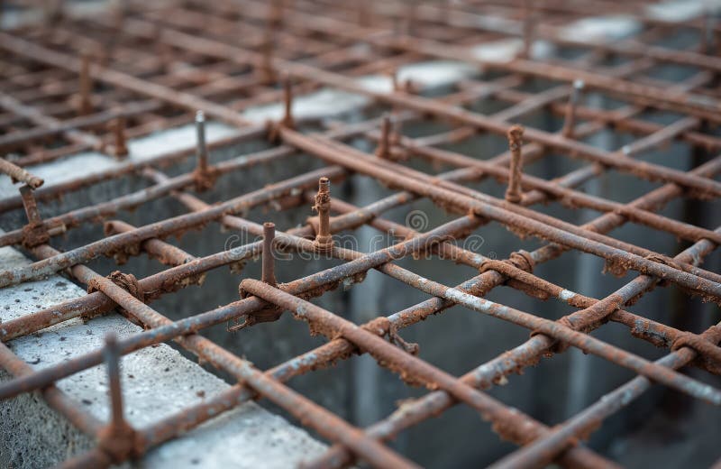 Rusty Rebar Grid Reinforcing Concrete Foundation Construction. Steel ...