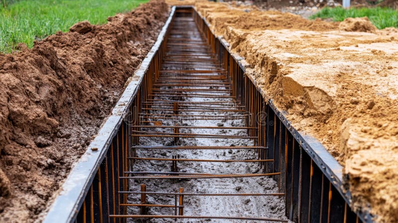 Rusty Rebar Lying Inside Concrete Foundation Trench, Supporting Wooden ...