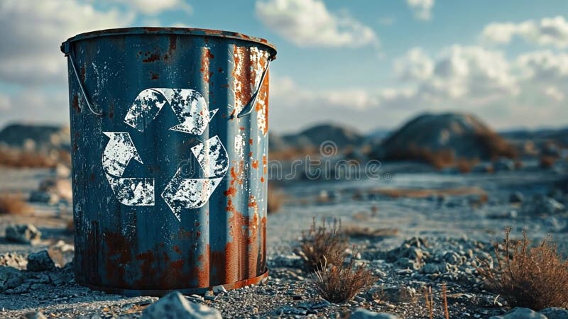 Rusty Recycling Bin Stands Alone in a Desolate Landscape Under a Cloudy ...